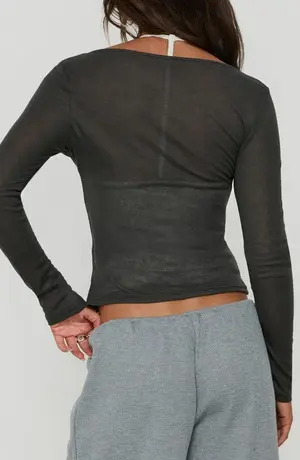 Princess Polly Kaiyah Sheer V-neck Long Sleeve Top - Slate