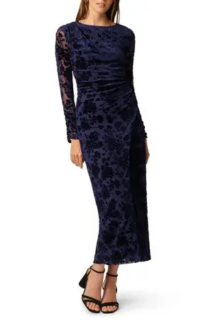 Adrianna Papell Burnout Velvet Long Sleeve Ruched Sheath Dress - Navy