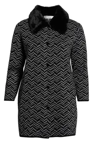 KASPER Faux Fur Collar Metallic Chevron Cardigan - Black/silver