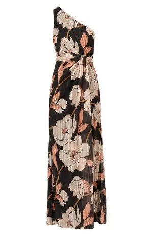Adrianna Papell Floral One Shoulder Draped Ribbon Chiffon Gown