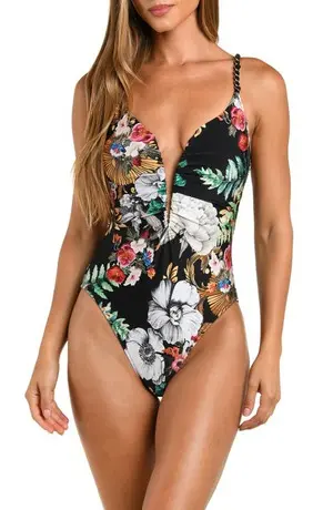 L'AGENCE Gilded Garden Lilou Plunge One-piece Swimsuit - Black