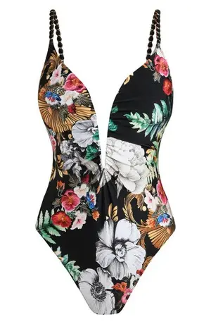 L'AGENCE Gilded Garden Lilou Plunge One-piece Swimsuit - Black