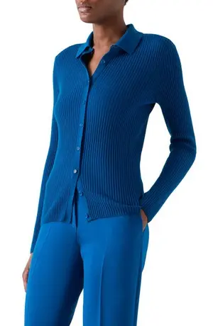 Akris Fitted Virgin Merino Wool Rib Cardigan - Uranus