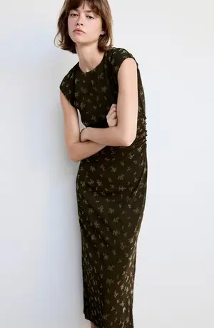 Mango Devor Ruched Cap Sleeve Maxi Dress