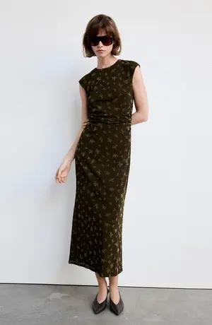 Mango Devor Ruched Cap Sleeve Maxi Dress