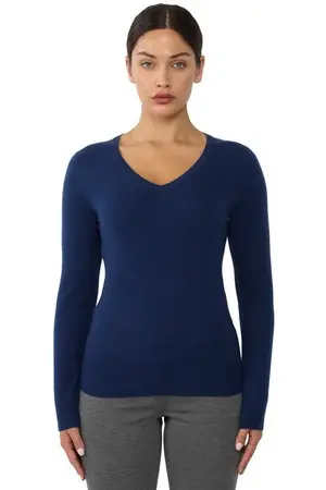JENNIE LIU Classic V-neck Cashmere Sweater Blue