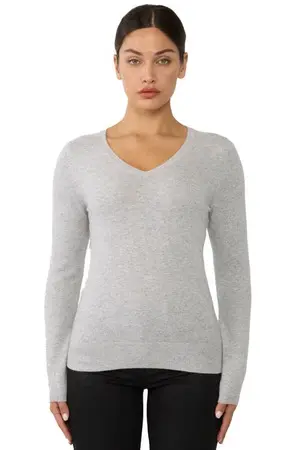JENNIE LIU Classic V-neck Cashmere Sweater Grey