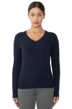 JENNIE LIU Classic V-neck Cashmere Sweater Navy