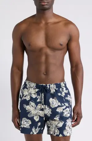 BOSS Floral Print Swim Trunks - Navy