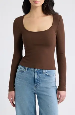 HELLO MOLLY Luxe Rib Scoop Neck Top - Brown