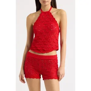HELLO MOLLY Palm Shade Halter Knit Top - Red