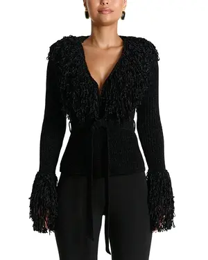 Naked Wardrobe Fringe Trim V Neck Cardigan - Black