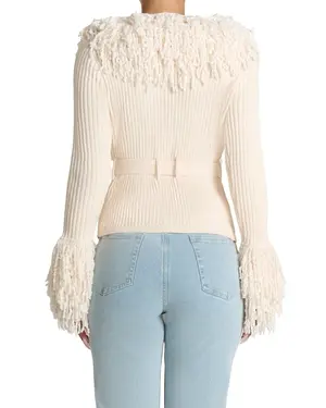 Naked Wardrobe Fringe Trim V Neck Cardigan - Bone