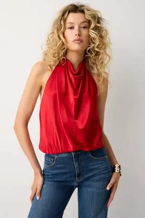 Ramy Brook Libbie Silk Cowl Neck Halter Top - Ruby