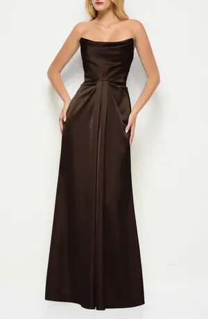 After Six Victoire Strapless Cowl Neck Charmeuse Gown - Espresso