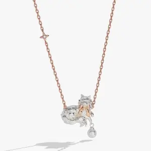 ALEX AND ANI Fluffy Cat Inline Necklace - Two Tone