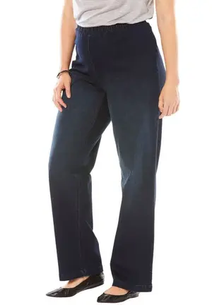 WOMAN WITHIN Fineline Stretch Denim Wide Leg Pull On Jeans Indigo Sanded