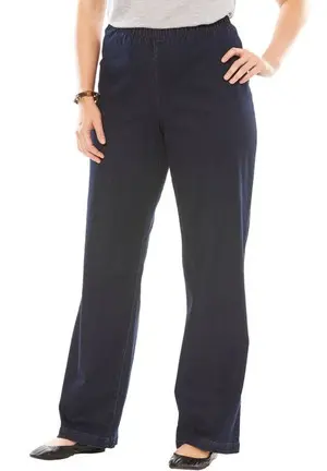 WOMAN WITHIN Fineline Stretch Denim Wide Leg Pull On Jeans - Indigo