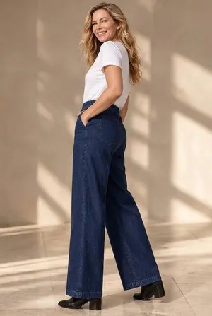WOMAN WITHIN Fineline Stretch Denim Wide Leg Pull On Jeans - Indigo