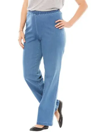 WOMAN WITHIN Fineline Stretch Denim Wide Leg Pull On Jeans Light Stonewash