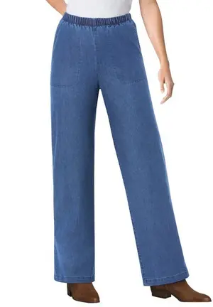 WOMAN WITHIN Fineline Stretch Denim Wide Leg Pull On Jeans - Medium Stonewash