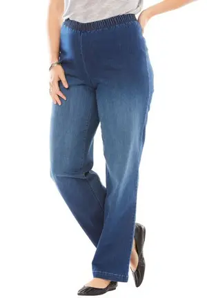 WOMAN WITHIN Fineline Stretch Denim Wide Leg Pull On Jeans Stonewash Sanded