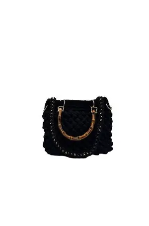 MEERTENS LUXURY Bubble Crochet Wood Handle Handbag Black