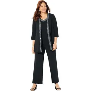 CATHERINES Beaded 3 Piece Cardigan Pant Suit Black