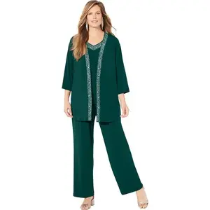CATHERINES Beaded 3 Piece Cardigan Pant Suit - Emerald Green