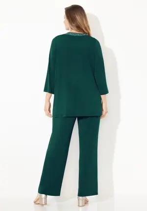 CATHERINES Beaded 3 Piece Cardigan Pant Suit - Emerald Green