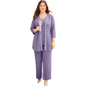 CATHERINES Beaded 3 Piece Cardigan Pant Suit Soft Grape