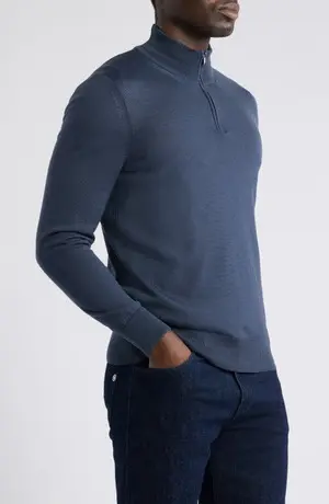 BOSS Ebenji Quarter Zip Virgin Wool Sweater - Open Blue