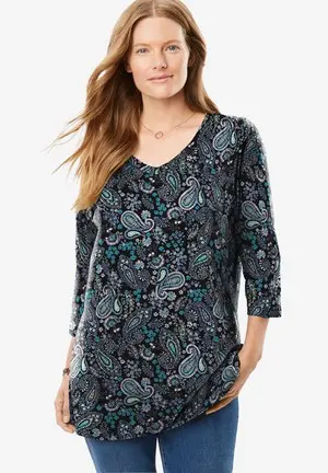WOMAN WITHIN Perfect Printed Three Quarter Sleeve V Neck Tee - Waterfall Multi Bloom