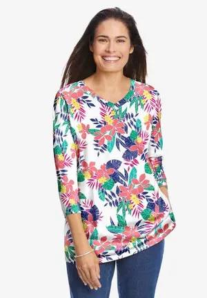 WOMAN WITHIN Perfect Printed Three Quarter Sleeve V Neck Tee - Waterfall Multi Bloom