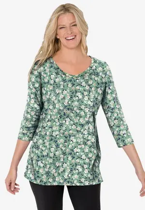 WOMAN WITHIN Perfect Printed Three Quarter Sleeve V Neck Tee - Waterfall Multi Bloom