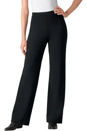 WOMAN WITHIN Stretch Ponte Knit Pull On Wide Leg Pants - Black