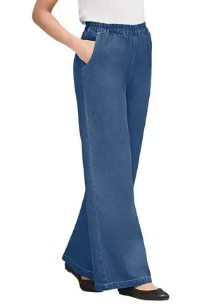 WOMAN WITHIN Perfect Elastic Waist Wide Leg All Cotton Pull On Denim Jeans Medium Stonewash