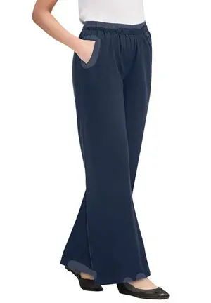 WOMAN WITHIN Perfect Elastic Waist Wide Leg All Cotton Pull On Denim Jeans Navy