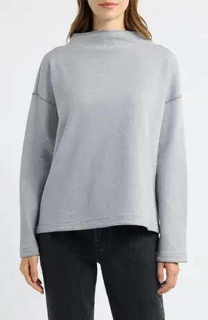 Eileen Fisher Reversible Boxy Cotton Funnel Neck Top - Mercury