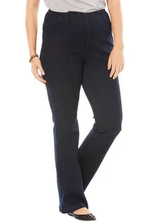 WOMAN WITHIN Fineline Stretch Denim Pull On Bootcut Jeans Indigo