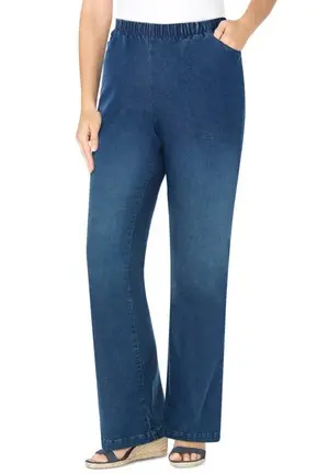 WOMAN WITHIN Fineline Stretch Denim Pull On Bootcut Jeans - Medium Stonewash