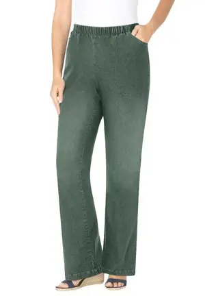 WOMAN WITHIN Fineline Stretch Denim Pull On Bootcut Jeans - Pine