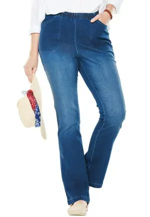 WOMAN WITHIN Fineline Stretch Denim Pull On Bootcut Jeans - Stonewash Sanded