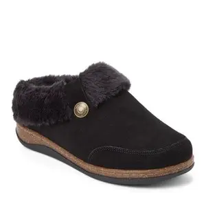 Clarks Suede Clog With Faux Fur Cuff & Metal But Slippers - Black