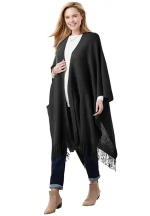 WOMAN WITHIN Fringe Wrap Cape Black