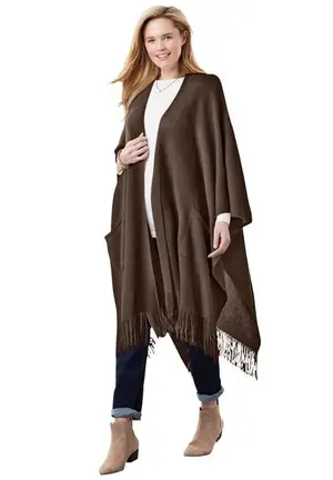WOMAN WITHIN Fringe Wrap Cape - Chocolate
