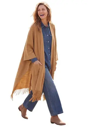 WOMAN WITHIN Fringe Wrap Cape - Classic Soft Camel