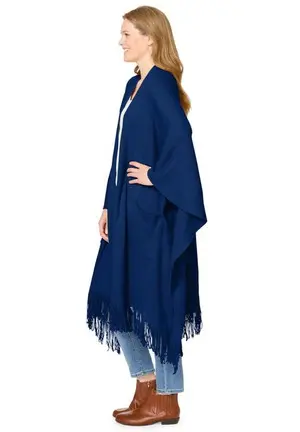 WOMAN WITHIN Fringe Wrap Cape - Evening Blue