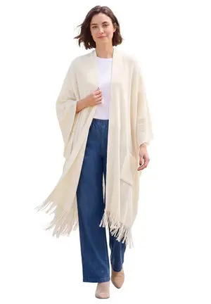WOMAN WITHIN Fringe Wrap Cape - Ivory