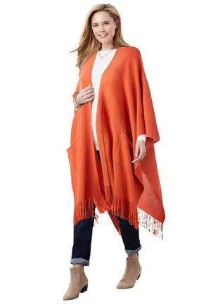 WOMAN WITHIN Fringe Wrap Cape Pumpkin